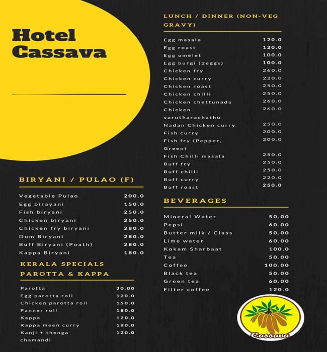 Menu of Hotel Cassava, Taloja, Navi Mumbai