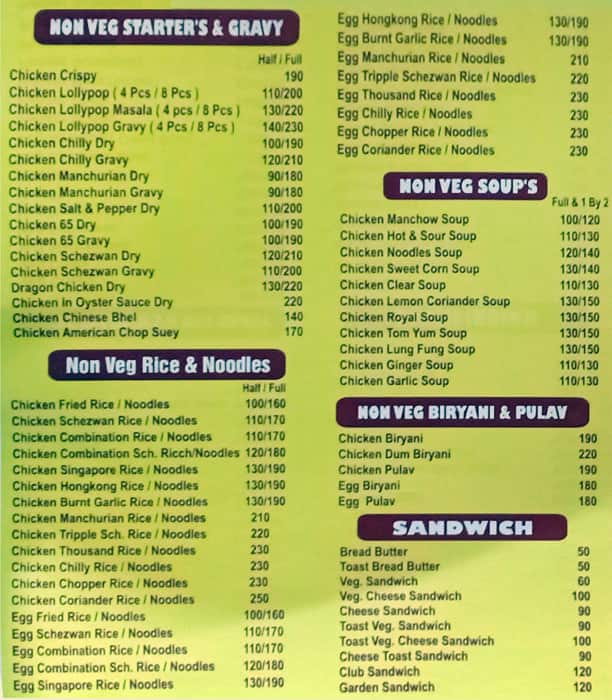Menu of Mandarin Chinese, Malad West, Mumbai