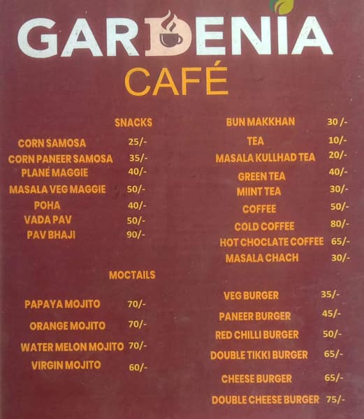 Menu of Gardenia Cafe, Indira Nagar, Lucknow