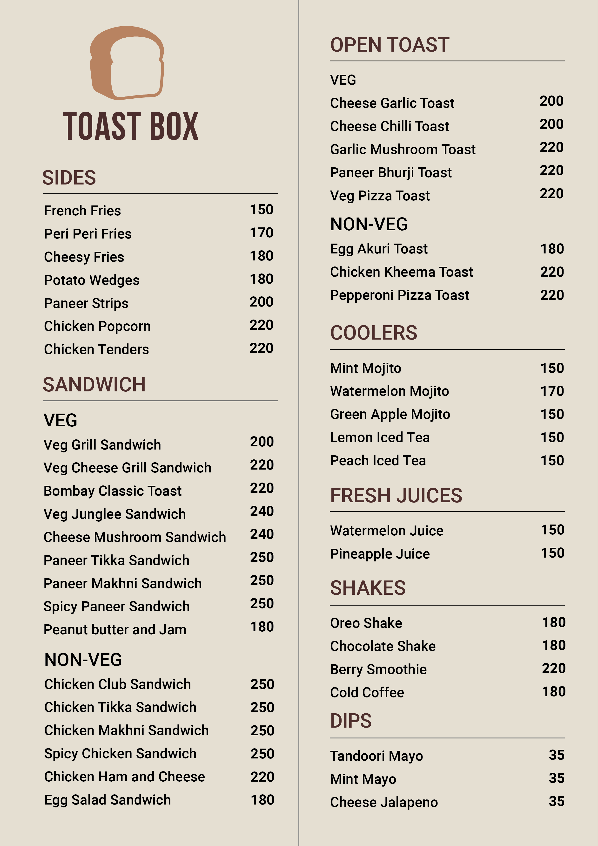 Menu of Toast Box, Manpada, Thane West, Thane
