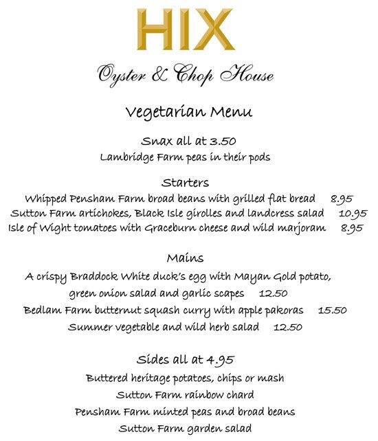 Menu at Hix Oyster & Chop House steakhouse, London