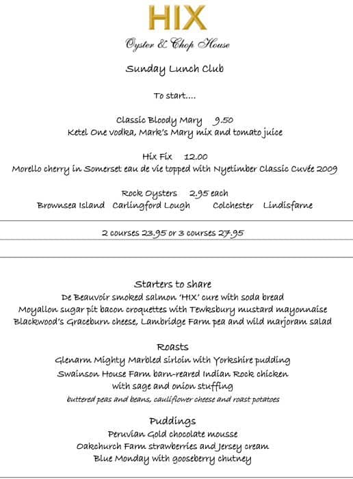 Menu at Hix Oyster & Chop House steakhouse, London