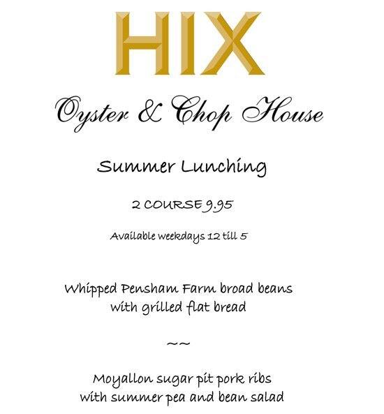 Menu at Hix Oyster & Chop House steakhouse, London