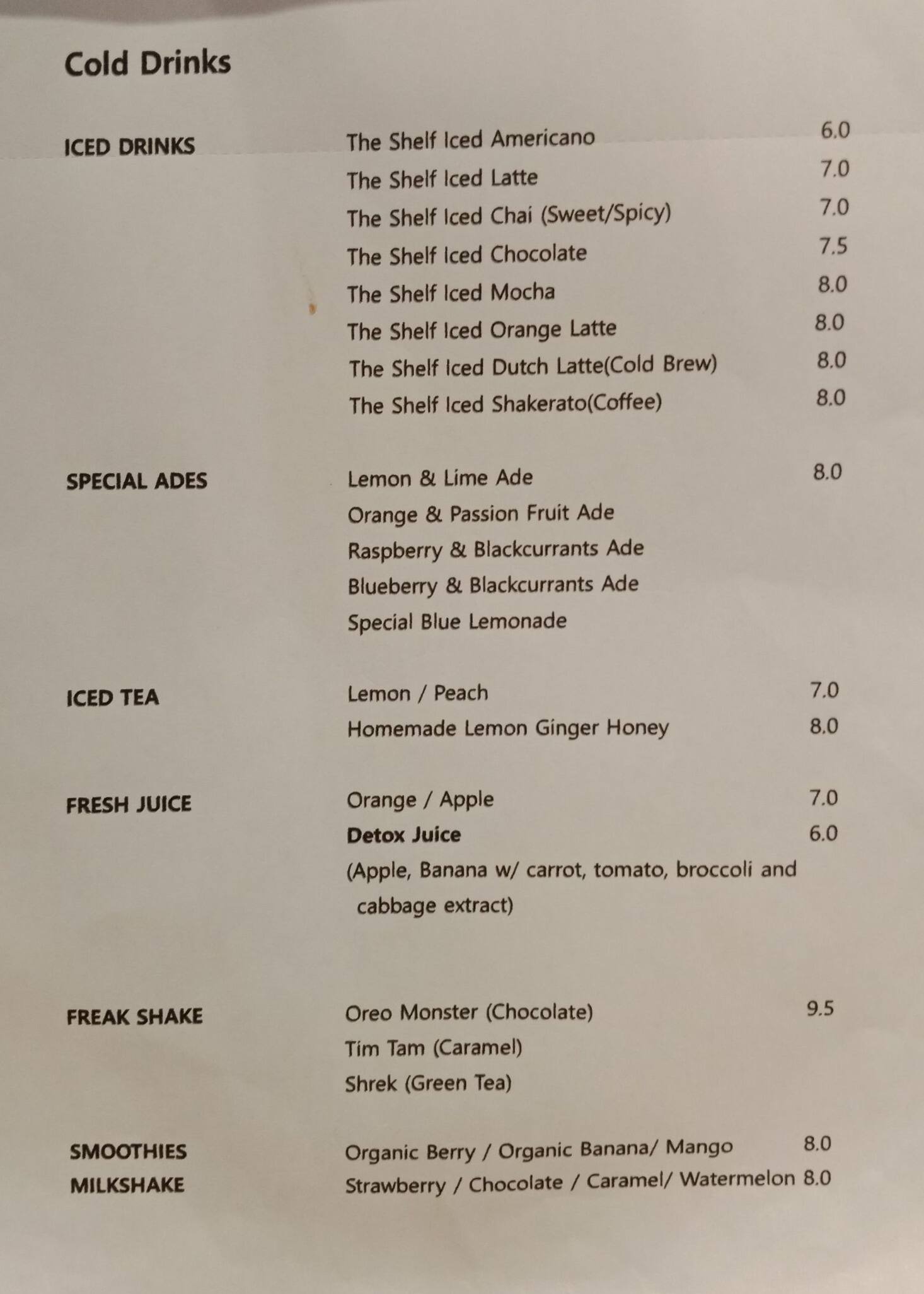 Menu at The Shelf cafe, Auckland