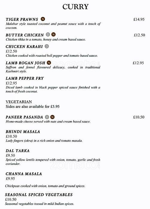 Menu at The Mumbai Mansion restaurant, Edinburgh