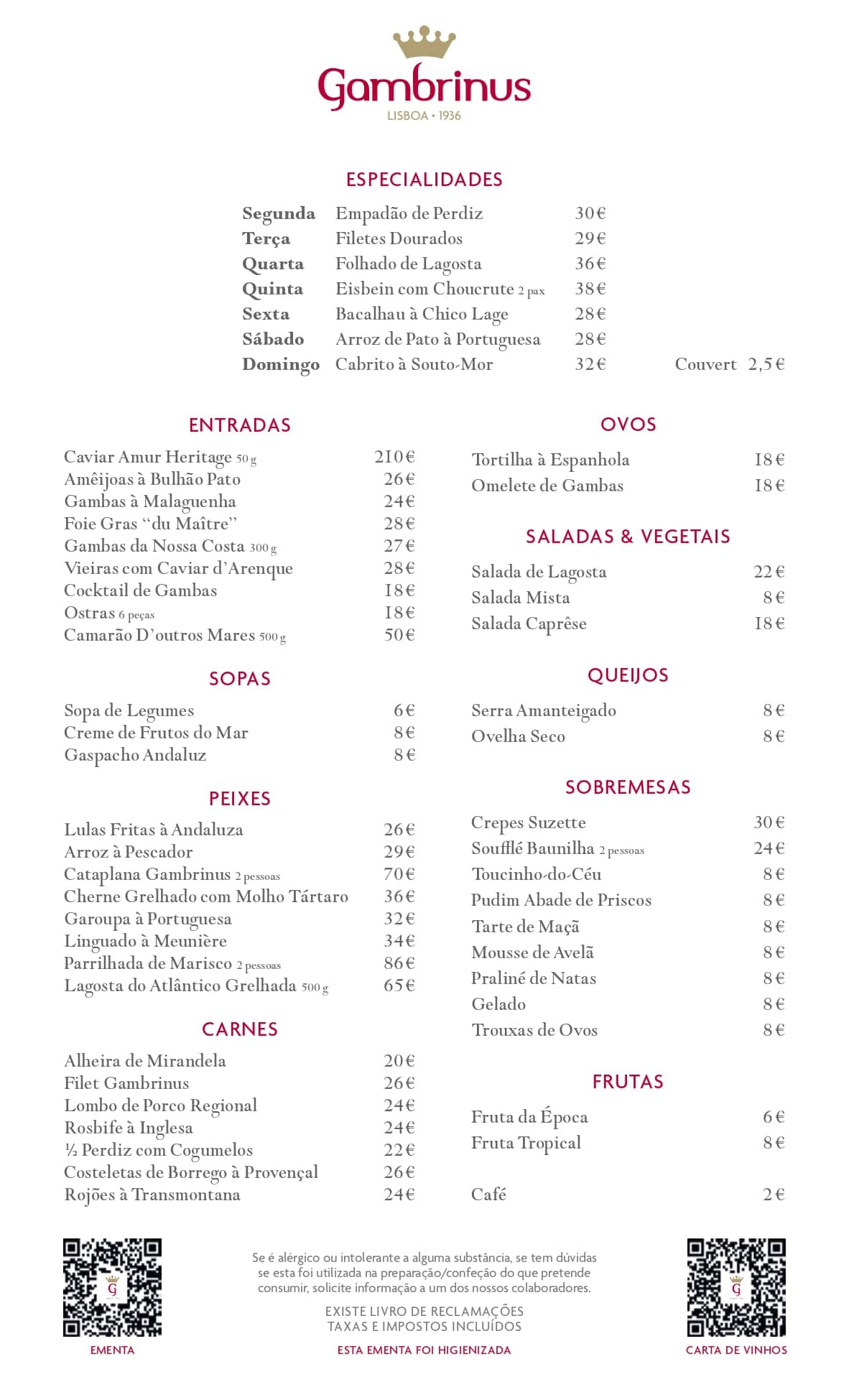Menu em Restaurante Gambrinus, Lisboa