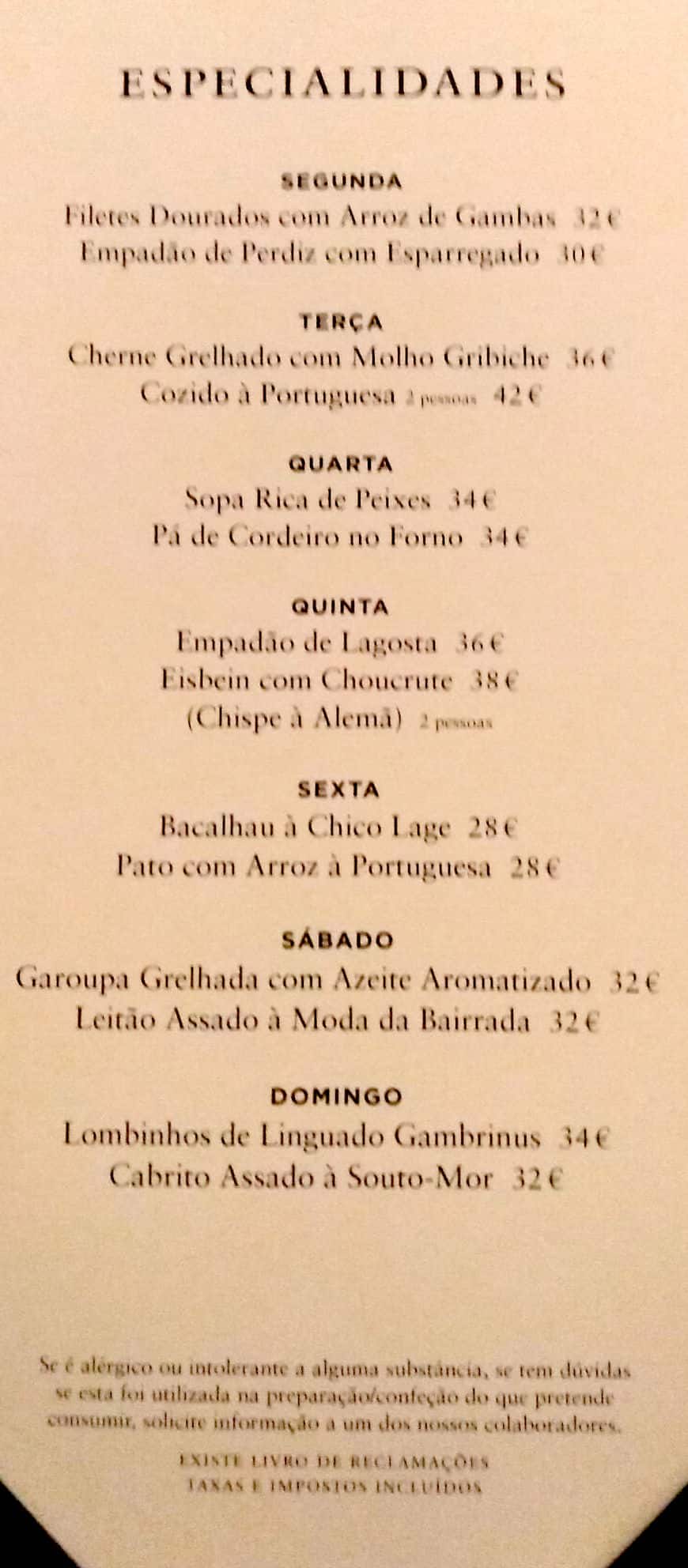 Menu at Gambrinus restaurant, Lisbon