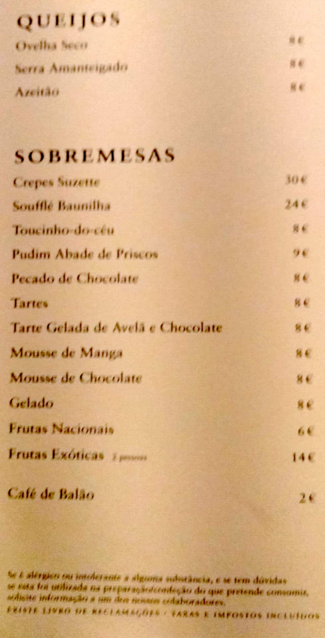 Menu at Gambrinus restaurant, Lisbon