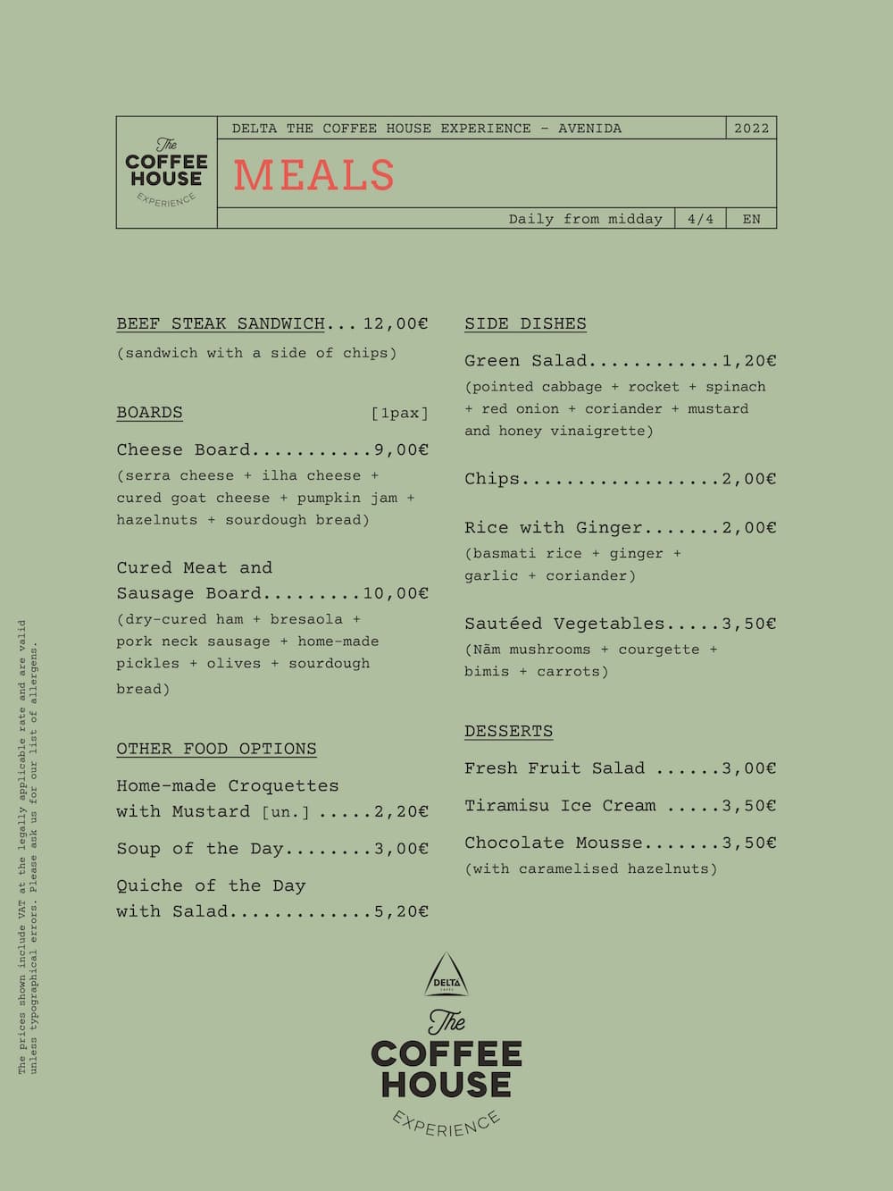 Menu at Delta The Coffee House Experience, Lisbon