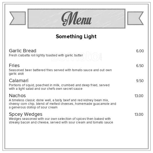 Menu at Bev Ridges On York pub & bar, Napier, 1 Durham Ave