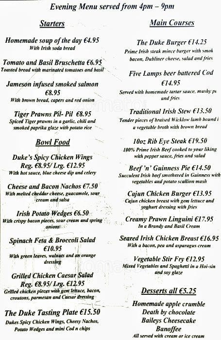 Menu at The Duke Dublin pub & bar, Dublin, 9 Duke St