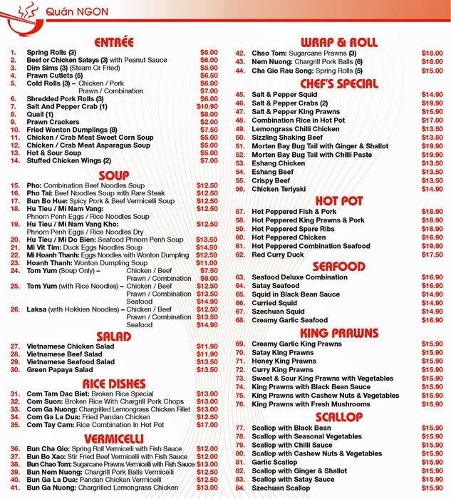 Menu at Quan Ngon restaurant, Pooraka