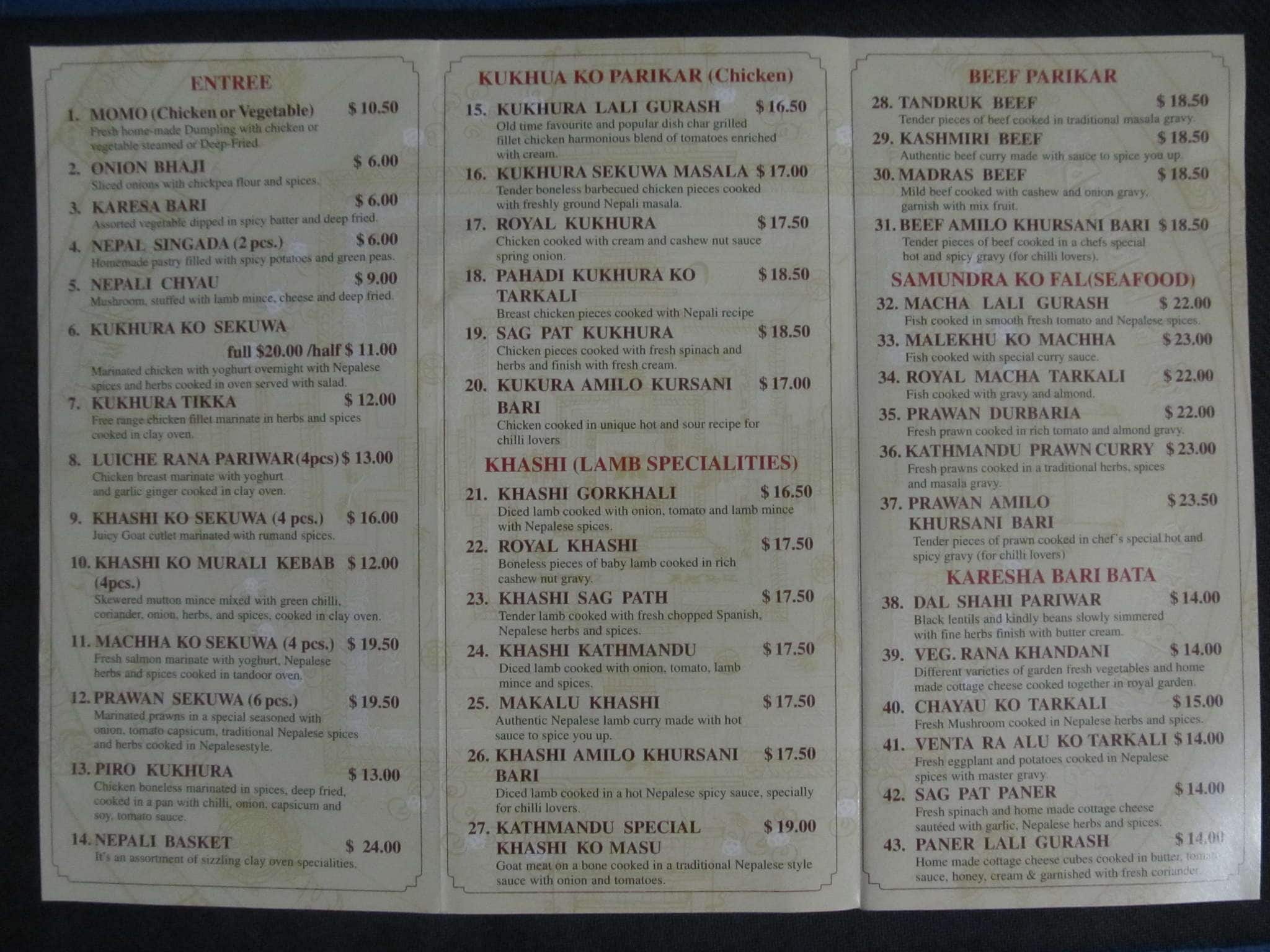 Menu at Kathmandu Nepalese Restaurant, Duncraig