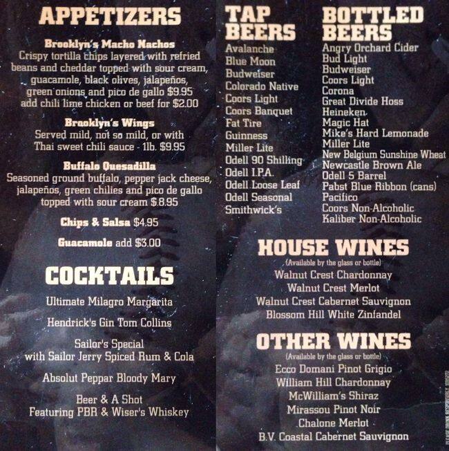 Menu at Brooklyn's pub & bar, Denver, 901 Auraria Pkwy