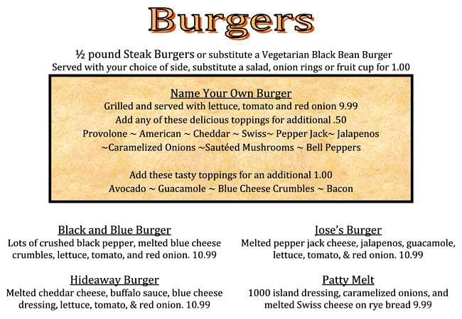 Menu at Hideaway Bar & Grill, Castle Rock