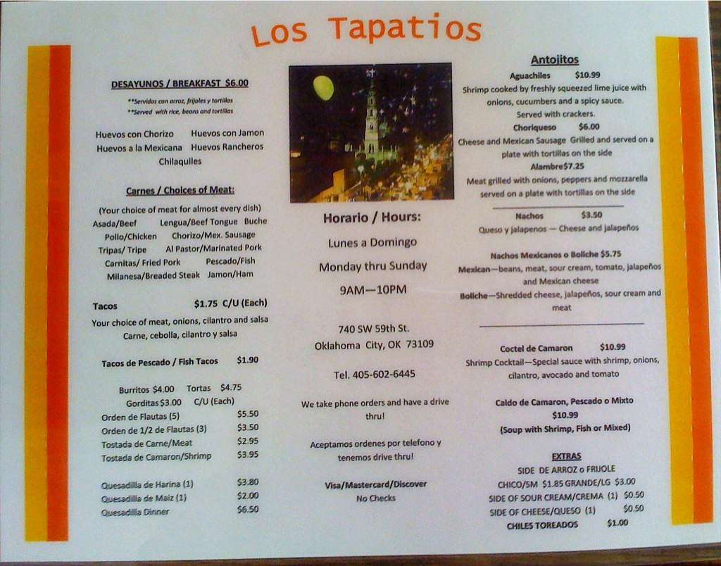 Menu at Los Tapatios restaurant, Oklahoma City