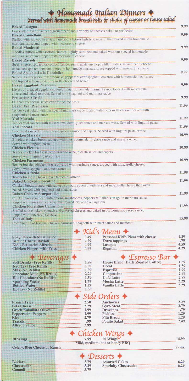 Carta de Gondolier Italian Restaurant & Pizza, Lake City