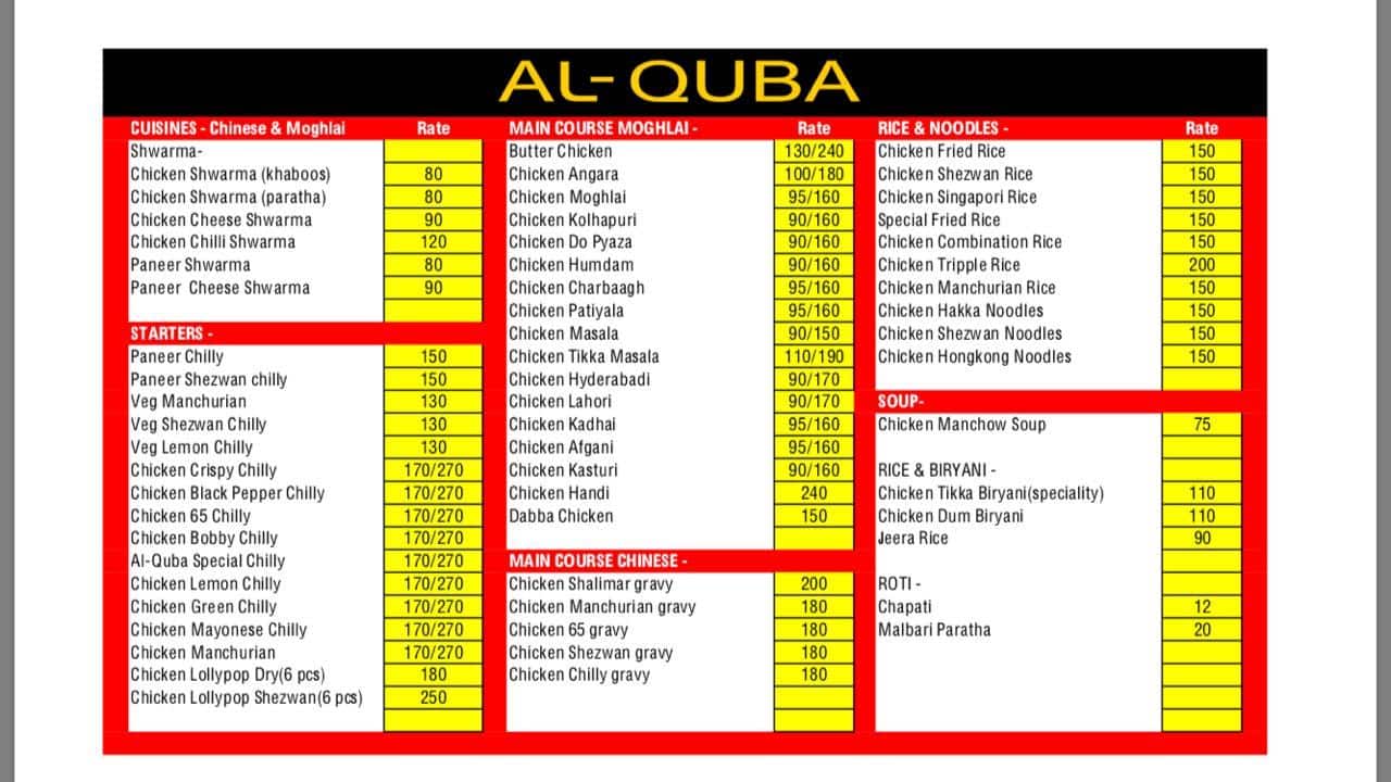 Menu at Al Quba, Nashik