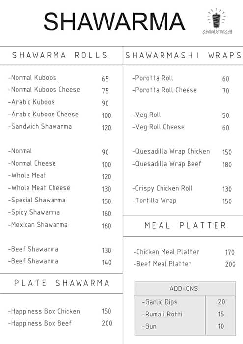 Menu at Shawarmashi, Perumbavoor, Max shopping complex