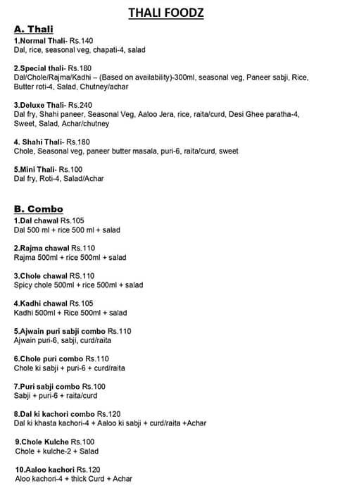 Menu of Thali Foodz, Alpha 2, Greater Noida