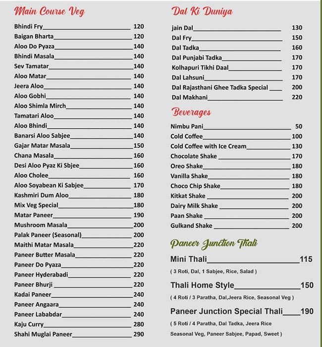 Menu of Paneer Junction, Vijay Nagar, Indore
