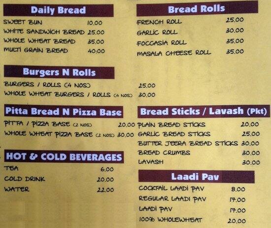 Menu at Daily Bread, Mumbai