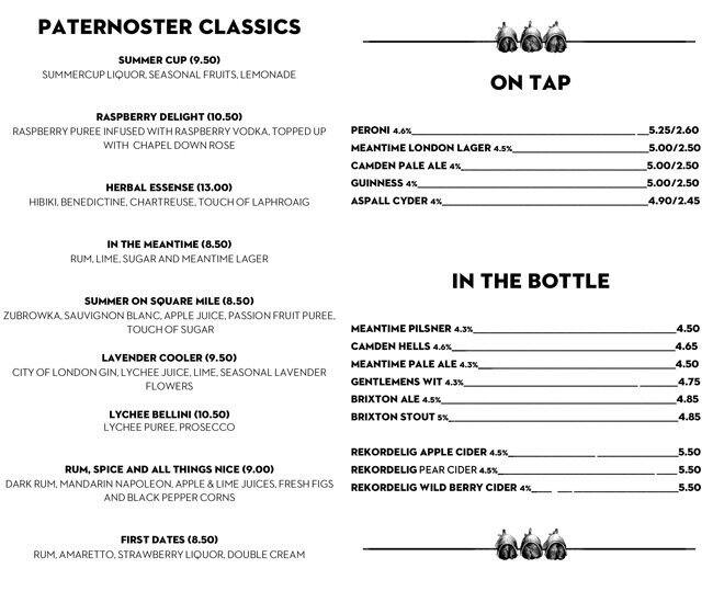 Menu at Paternoster Chop House restaurant, London, 35 Old Bailey