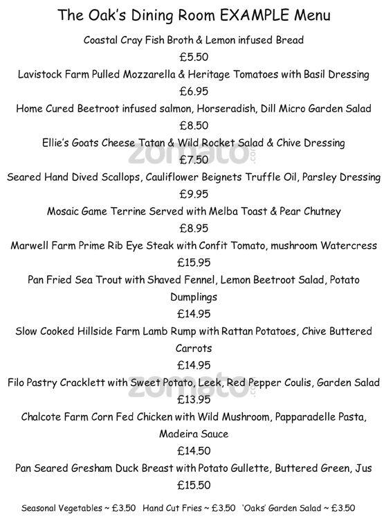 Menu at The Oaks Dining Rooms & Bar, Loughton, Forest Rd
