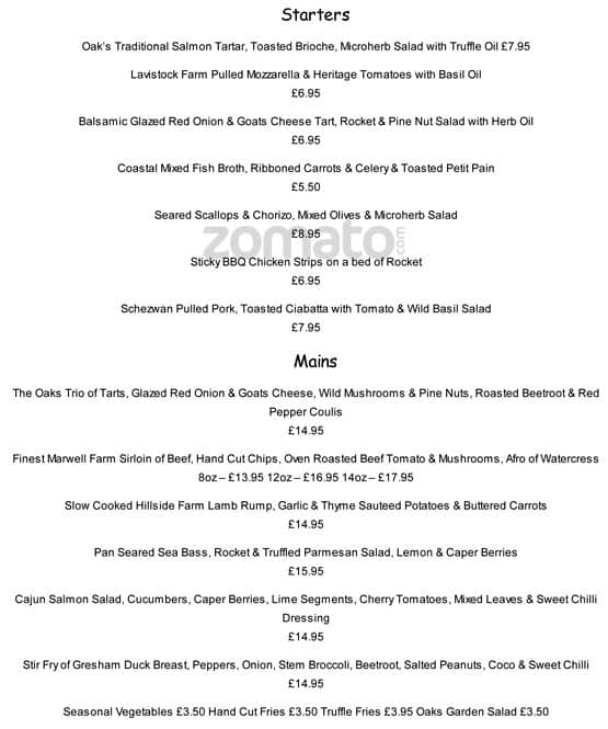 Menu at The Oaks Dining Rooms & Bar, Loughton, Forest Rd