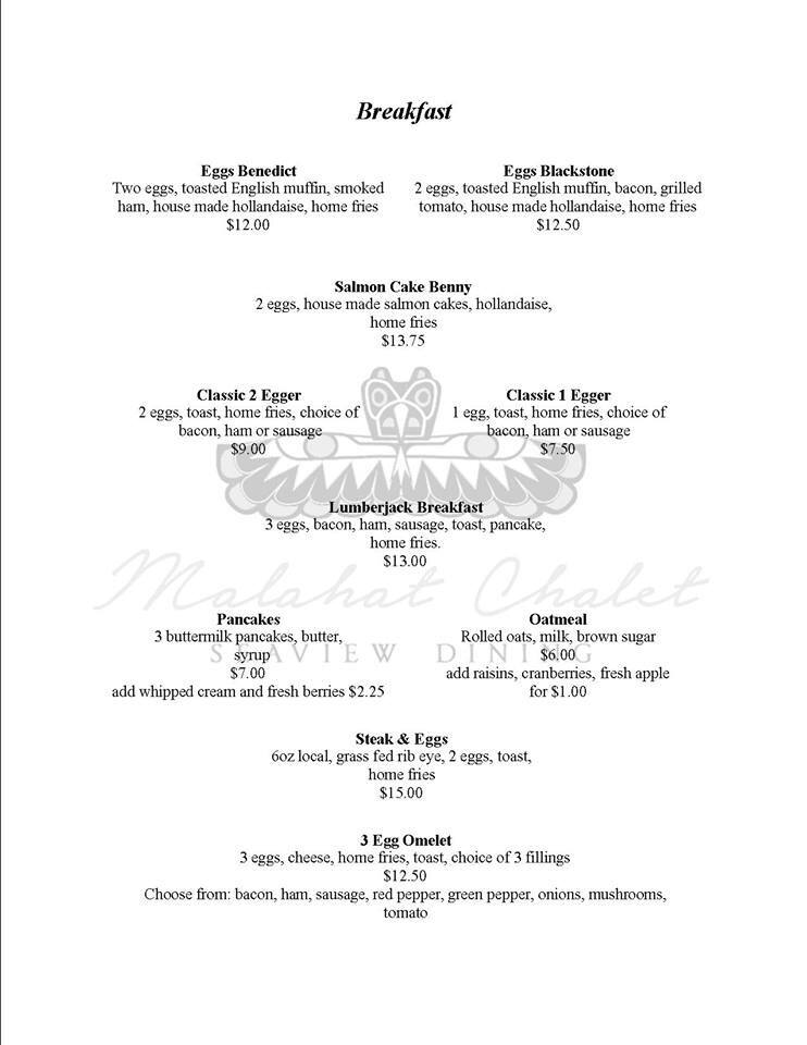 Menu at Malahat Chalet restaurant, Malahat