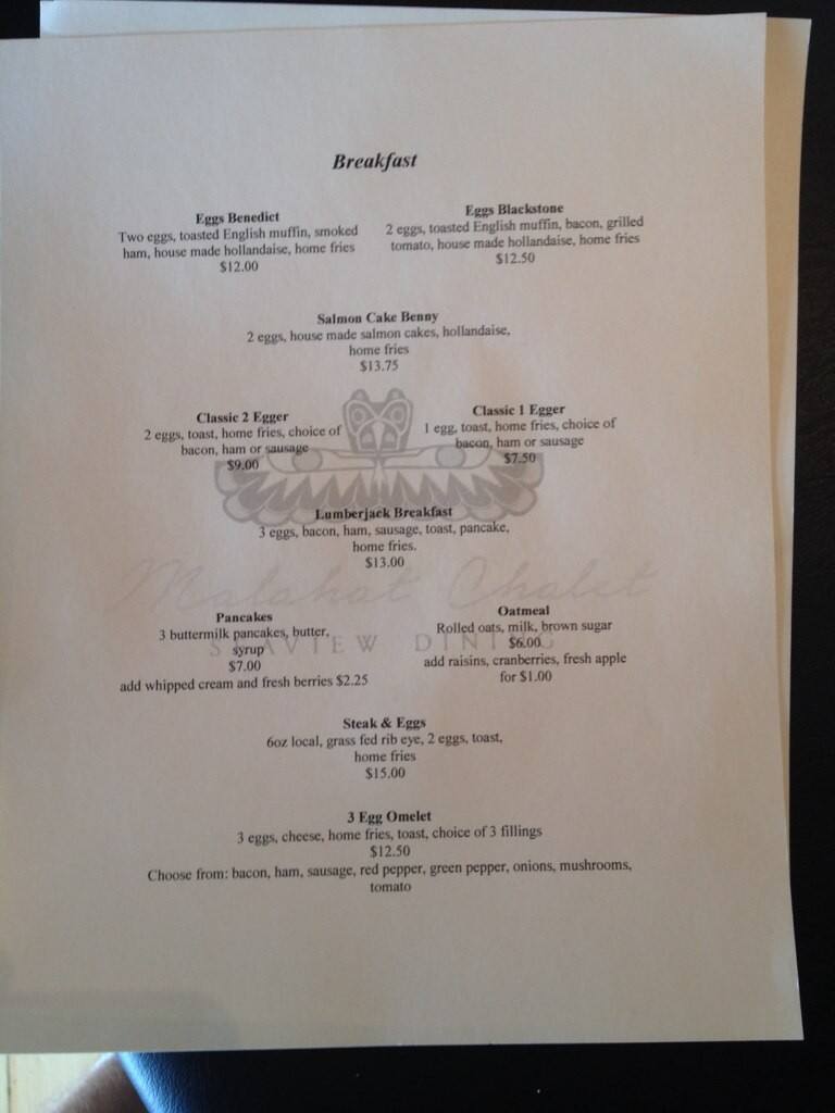 Menu at Malahat Chalet restaurant, Malahat