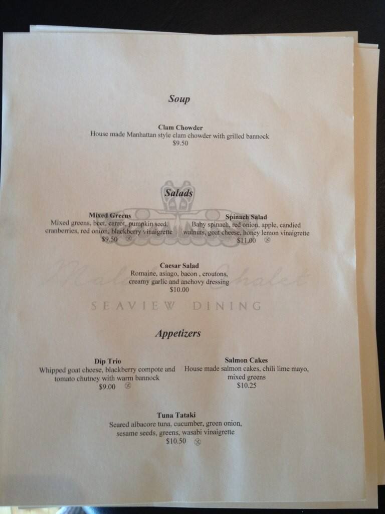Menu at Malahat Chalet restaurant, Malahat
