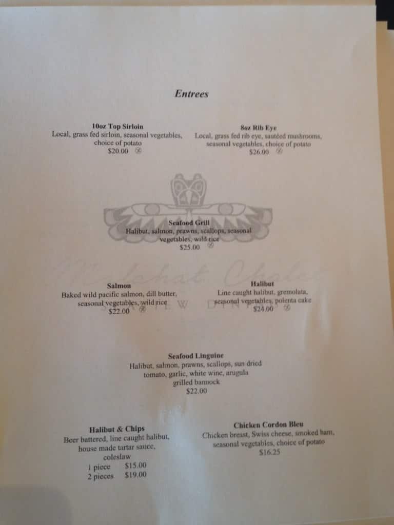 Menu at Malahat Chalet restaurant, Malahat