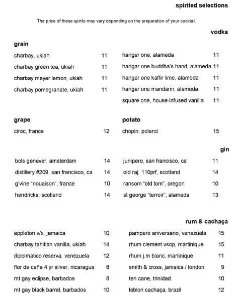 Menu at Solbar, Calistoga