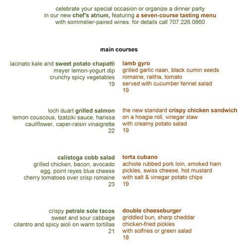 Menu at Solbar, Calistoga