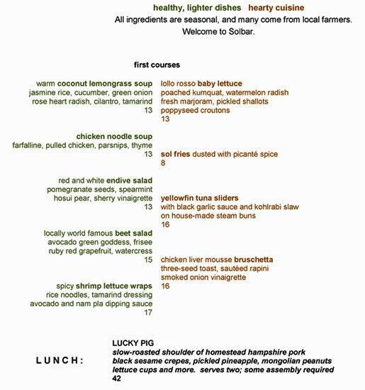 Menu at Solbar, Calistoga