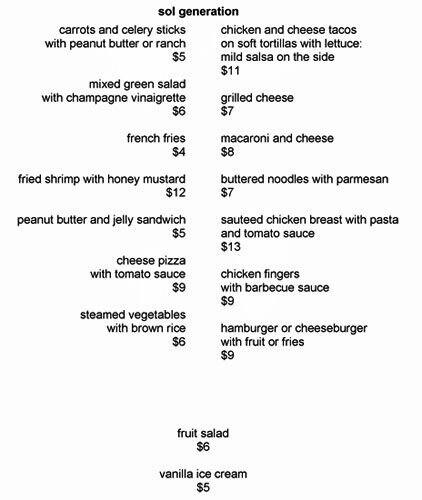 Menu at Solbar, Calistoga