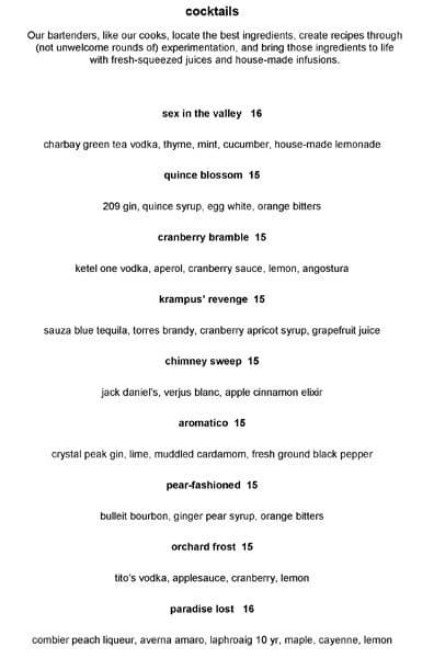 Menu at Solbar, Calistoga