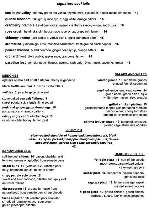 Menu at Solbar, Calistoga