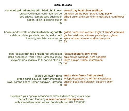 Menu at Solbar, Calistoga