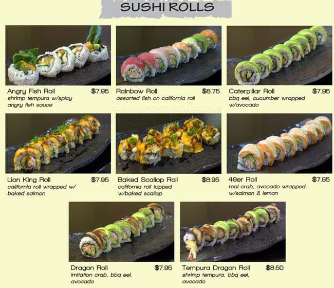 Menu at Angry Fish restaurant, San Leandro