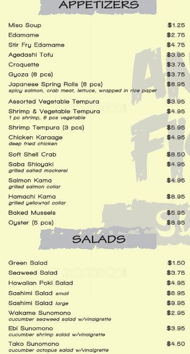 Menu at Angry Fish restaurant, San Leandro