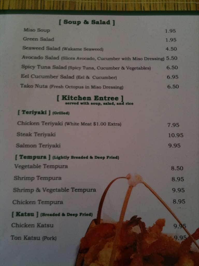 Menu at Nagoya Sushi restaurant, Rockville