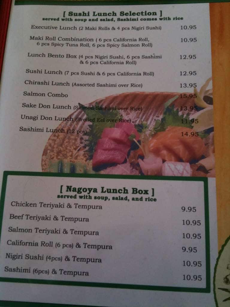 Menu at Nagoya Sushi restaurant, Rockville