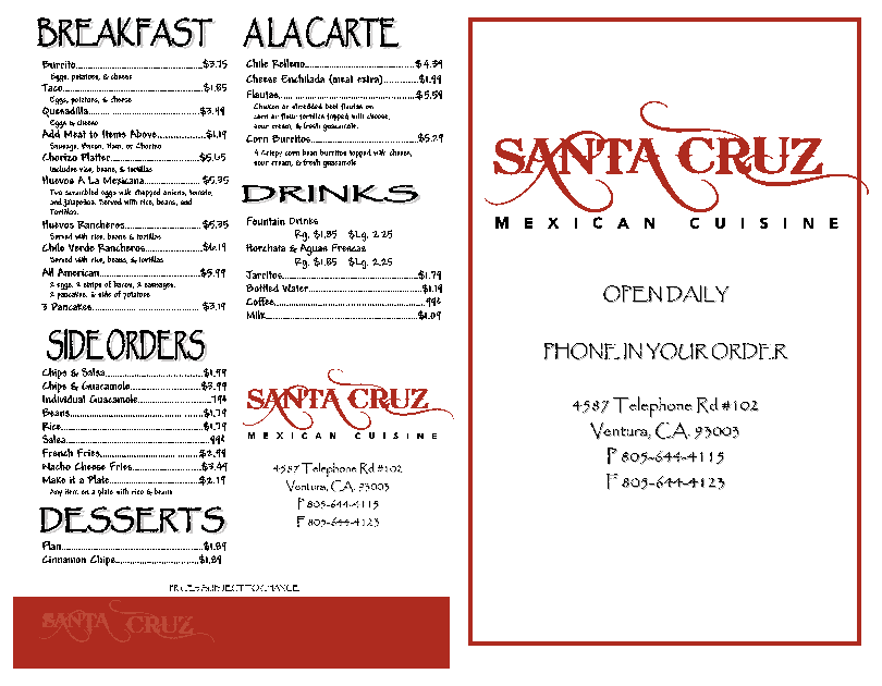 Menu at Santa Cruz Mexican Cuisine restaurant, Ventura