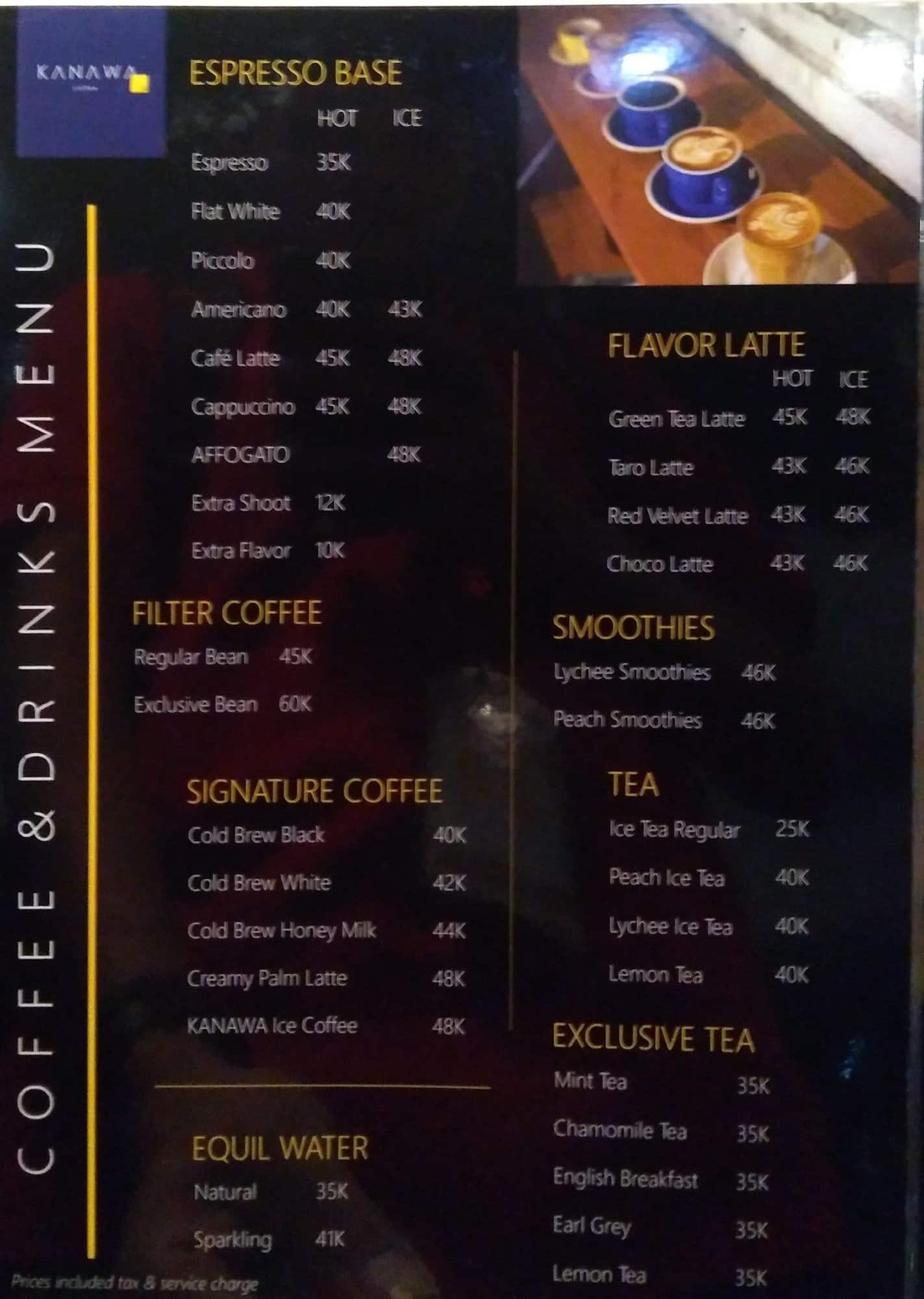 Menu at Kanawa Coffee cafe, South Jakarta, Jl. Suryo No.23