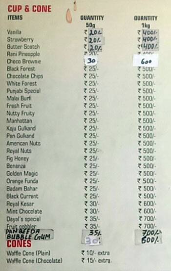 Menu of Dayal Ice Cream Parlour, Gandhi Nagar, Jammu