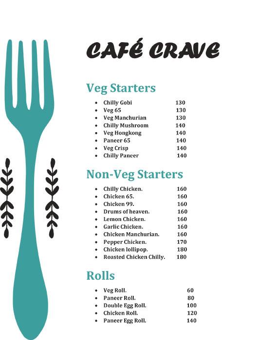 Menu of Cafe Crave, Koramangala 7th Block, Bangalore
