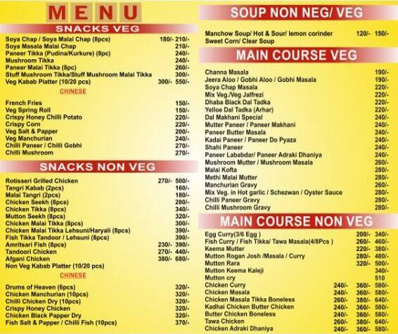 Menu of Foji Dhaba, Sector 50, Gurgaon