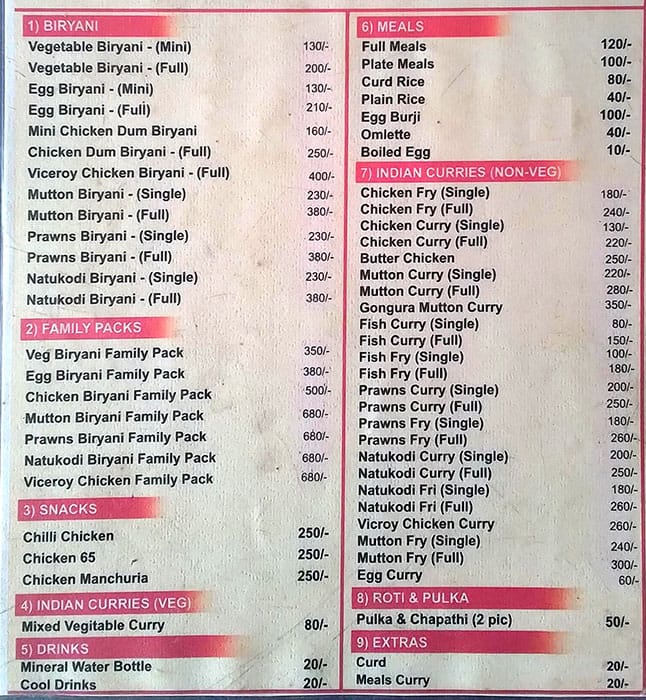 Menu of The Viceroy Family Restaurant, Vanasthalipuram, Hyderabad